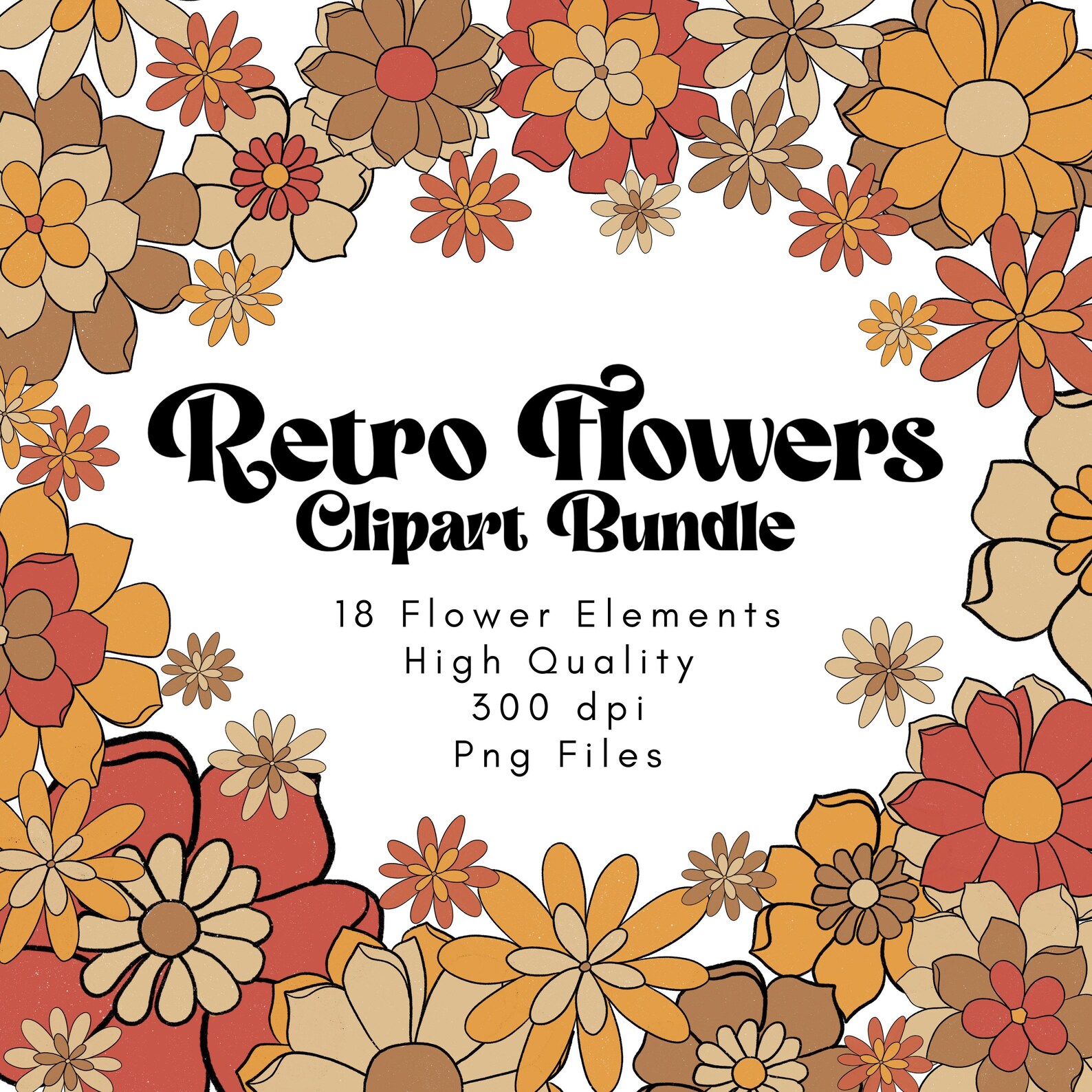 Retro Flowers Clipart, 70s Clipart, Boho Clipart, Hippie Clipart ...