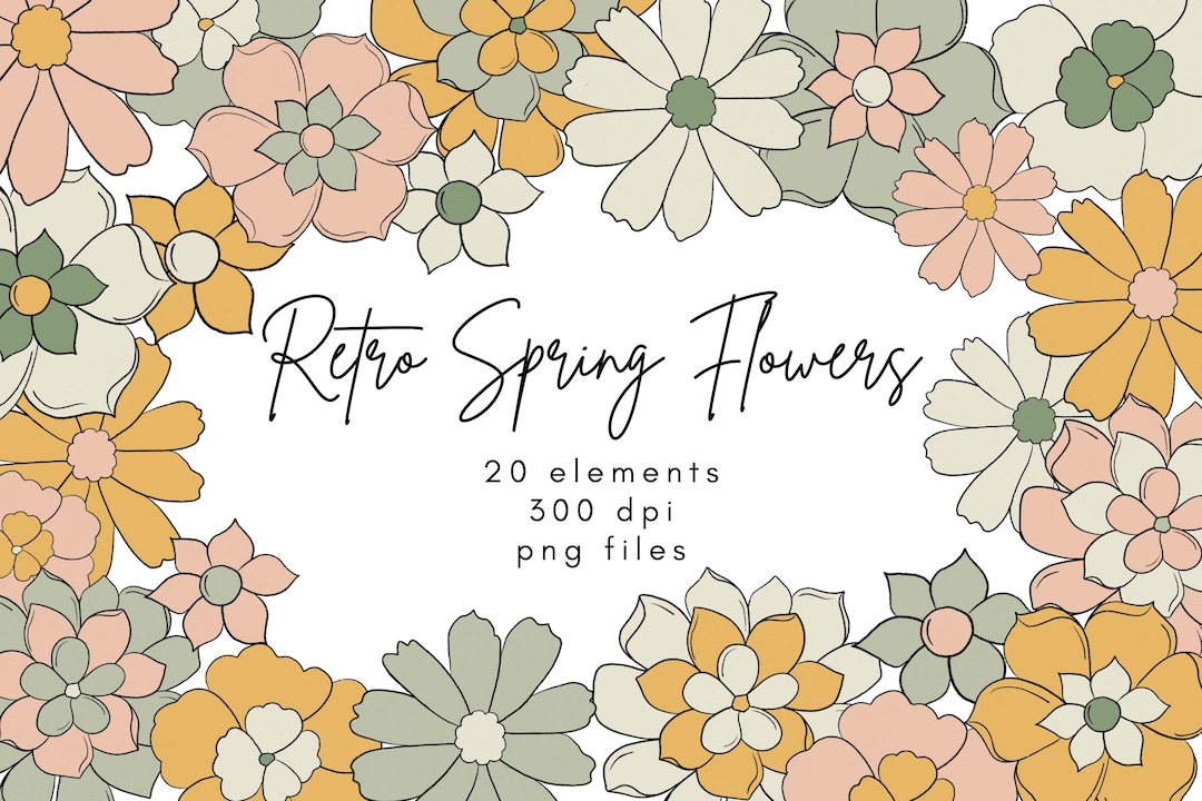 Retro Flower Clipart, Spring Flowers Clipart, Hippie Clipart, Retro ...