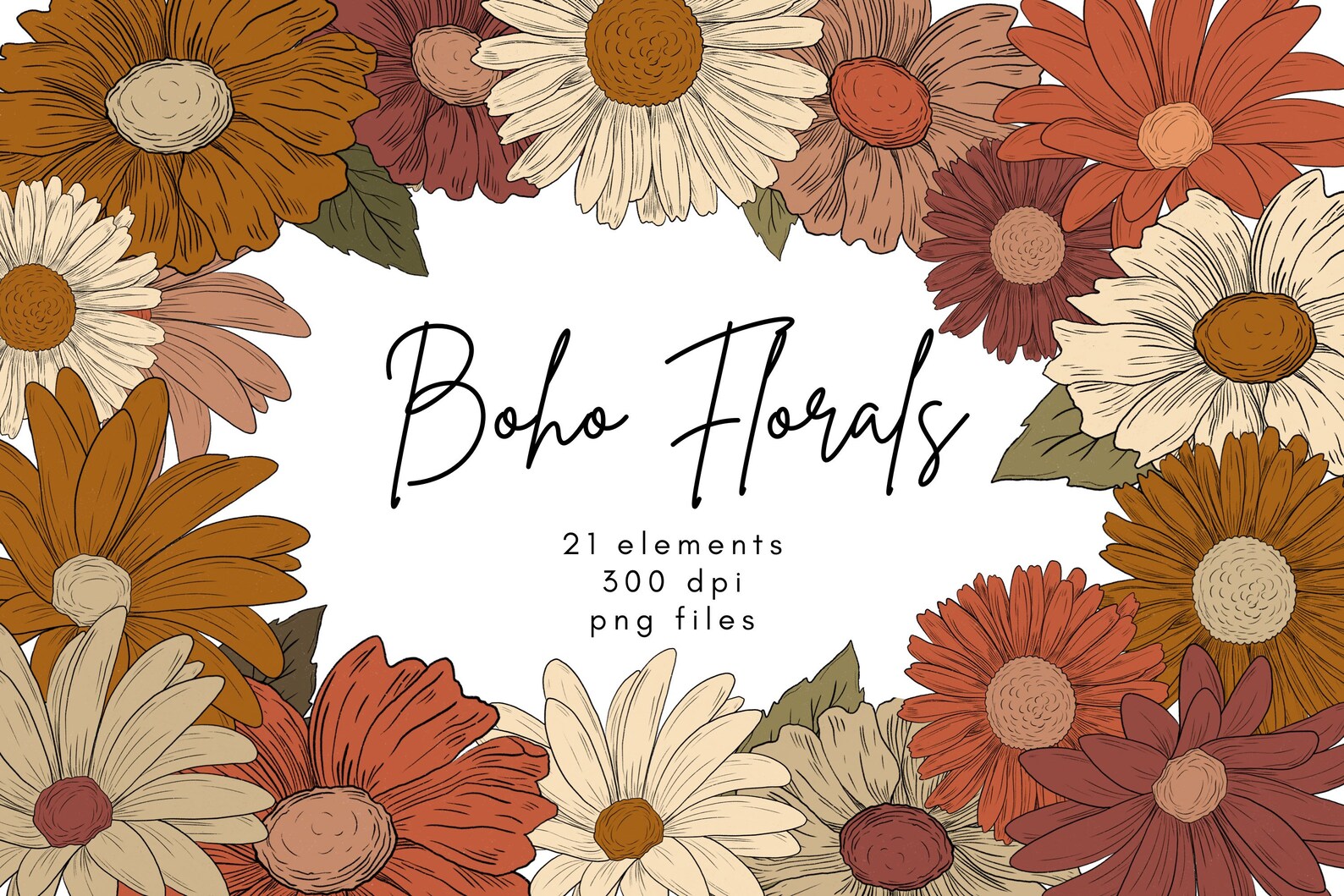 Boho Floral Clipart Daisy Clipart Boho Clipart Flower - Etsy
