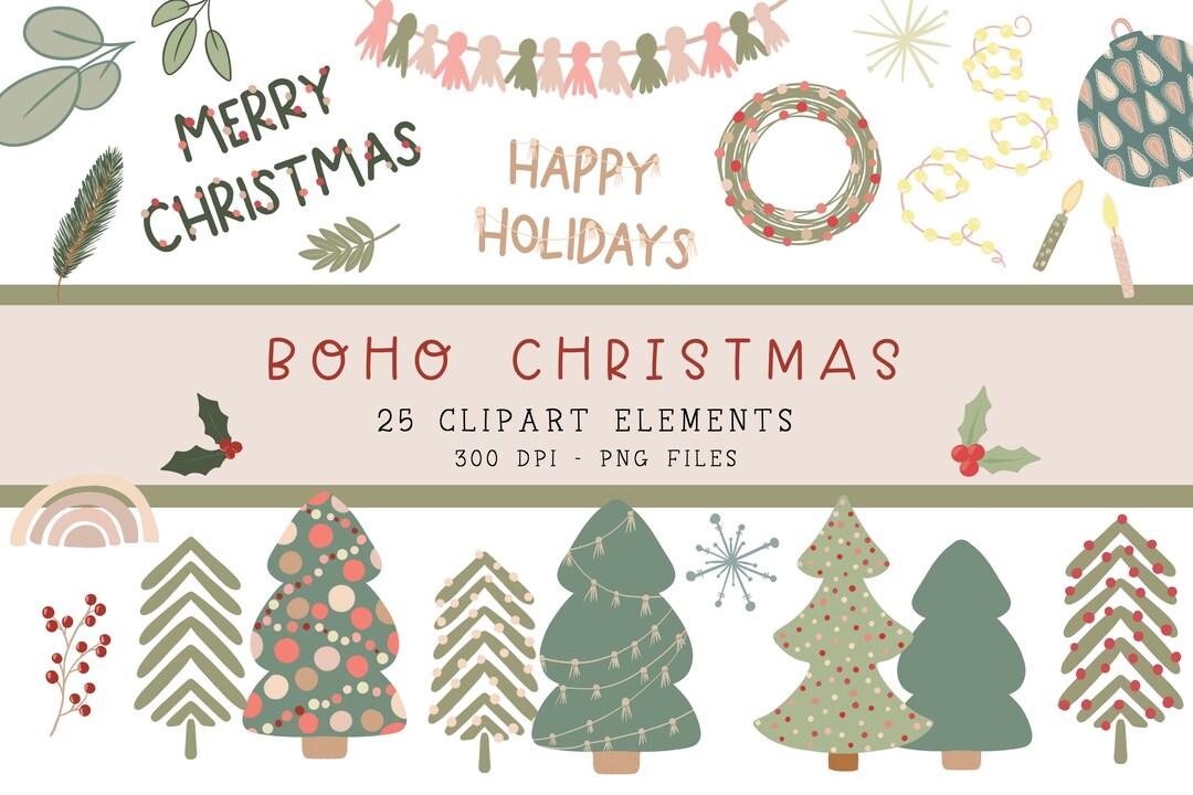 Christmas Clipart, Boho Christmas Clipart, Pastel Christmas Clipart ...