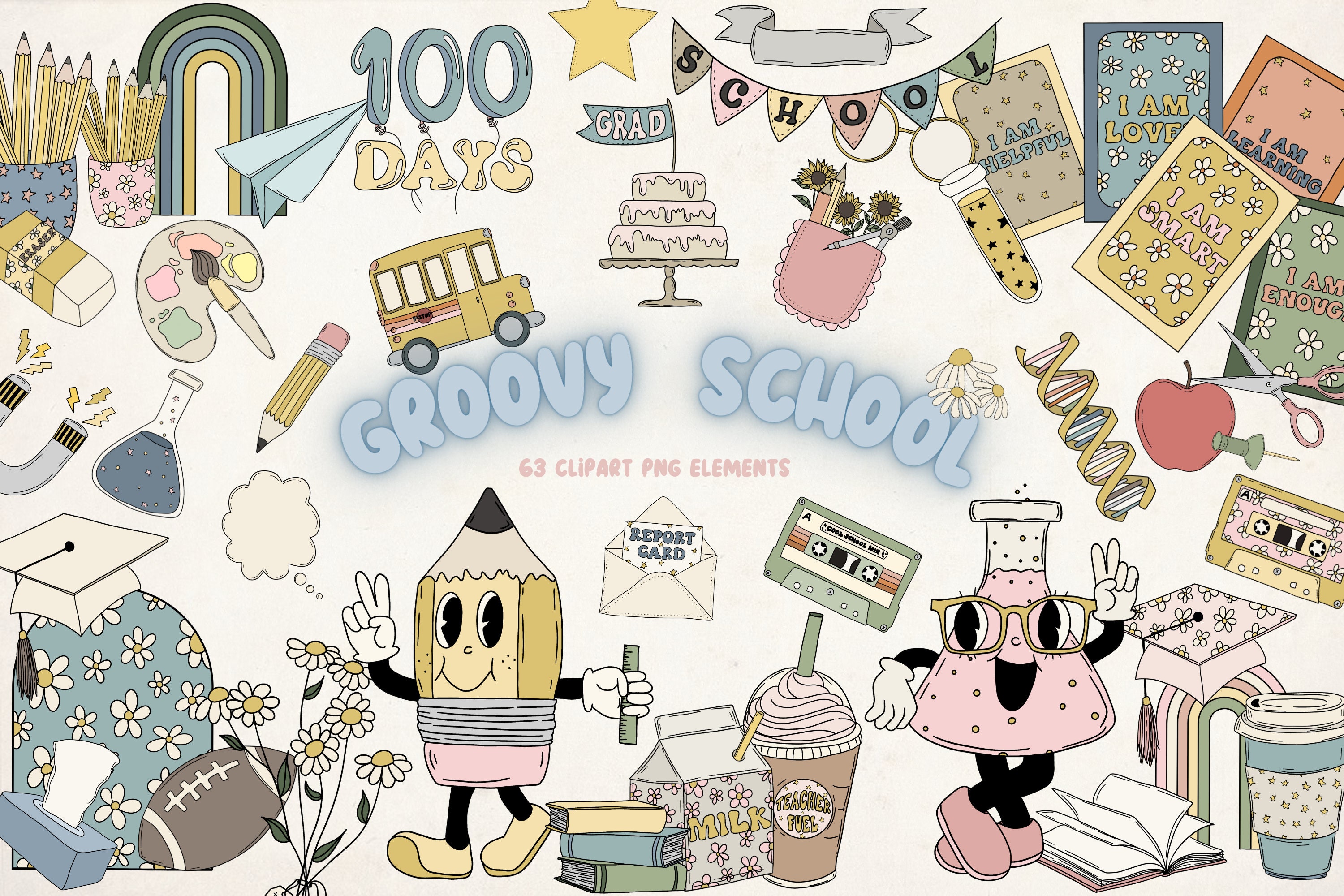 Groovy School clipart, afstuderen clipart, onderwijs clipart, retro ...
