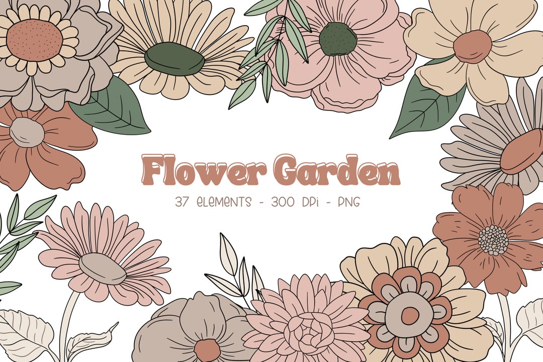 Retro Flower Clipart, Boho Flower Clipart, Cute Flower Graphics, Retro ...