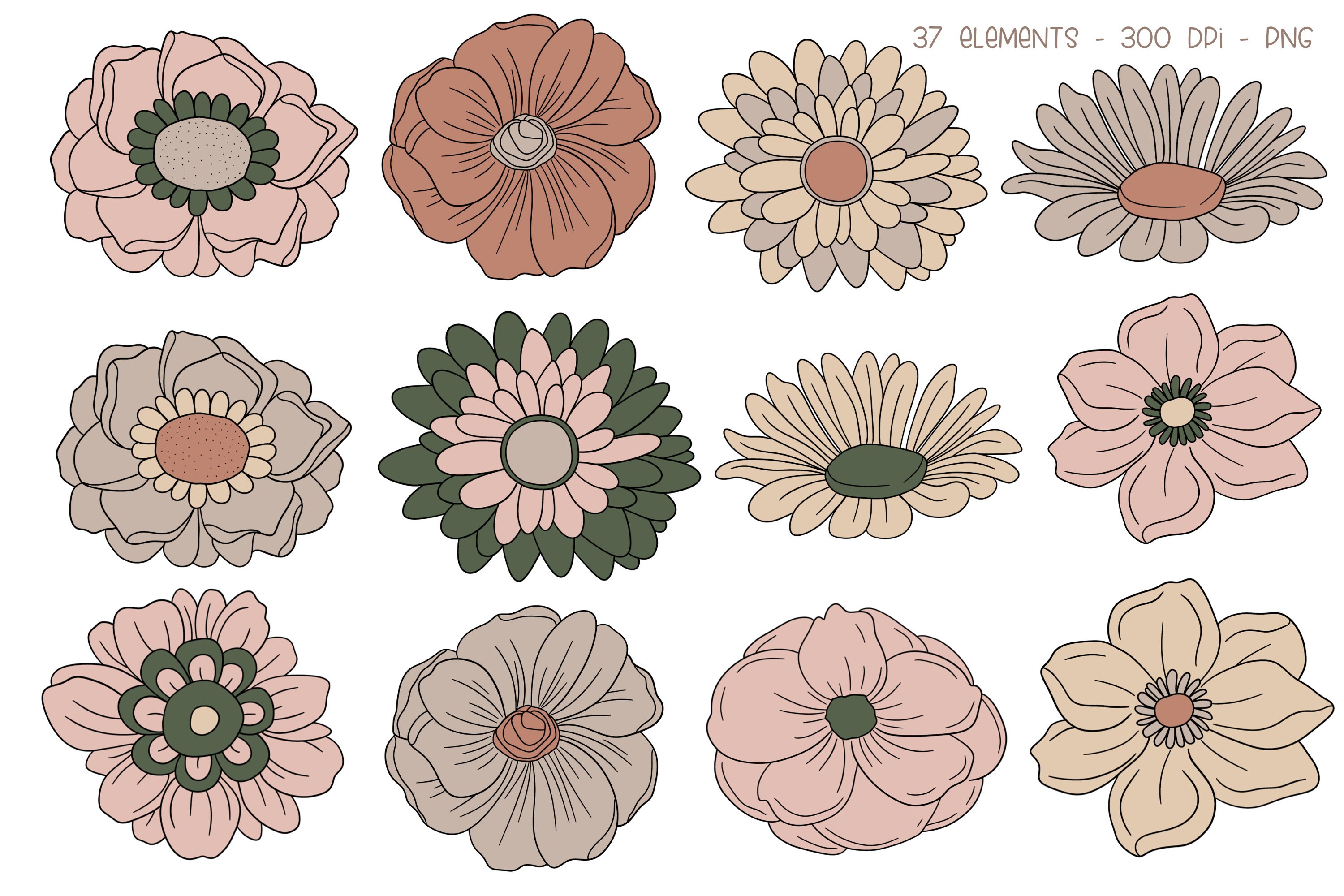 Retro Flower Clipart, Boho Flower Clipart, Cute Flower Graphics, Retro ...