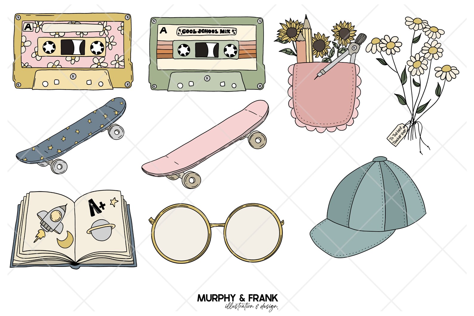 Groovy School Clipart, Graduation Clipart, Education Clipart, Retro ...