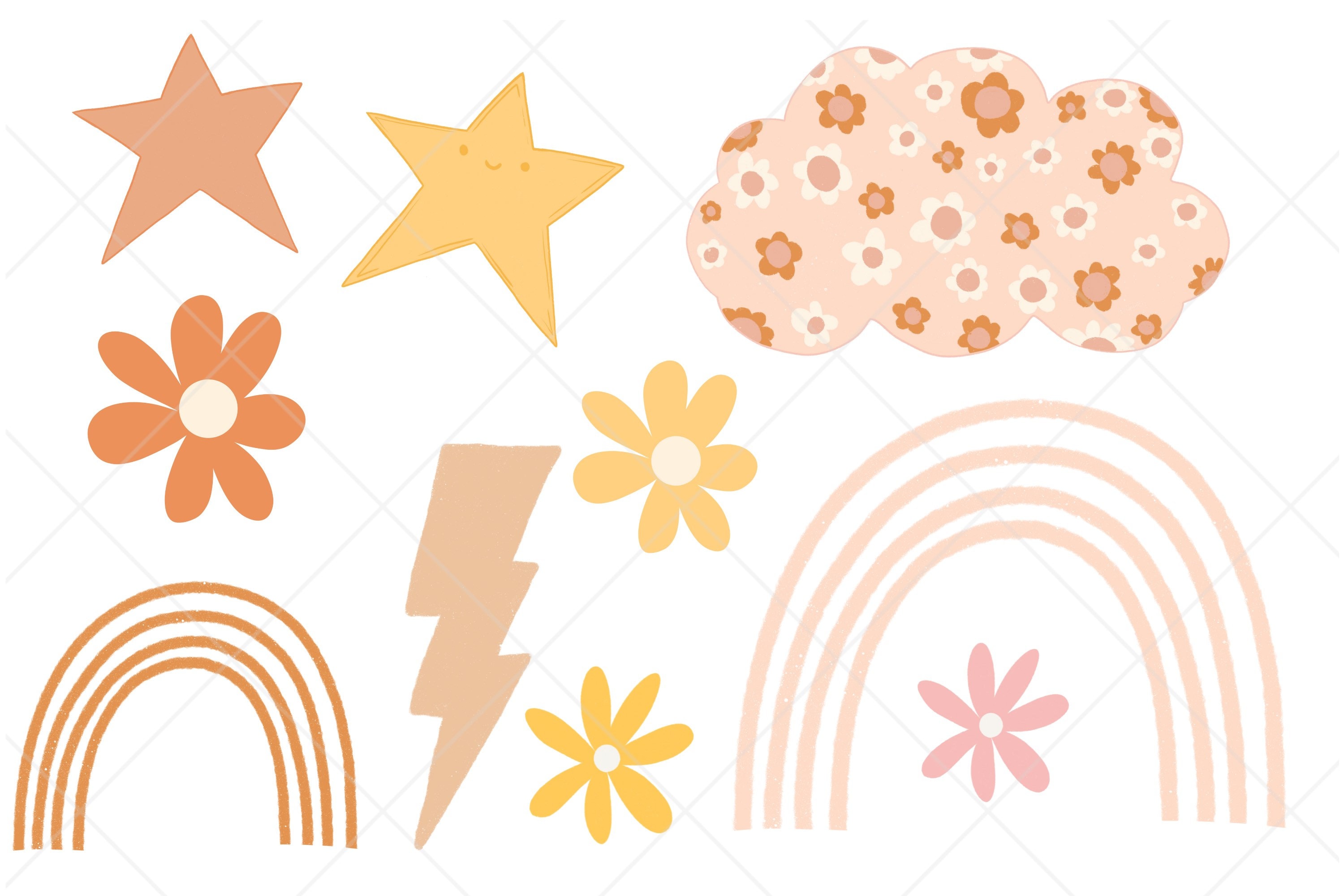 Boho Rainbow Clipart, Retro Clipart Bundle, Spring Clipart, Daisy ...