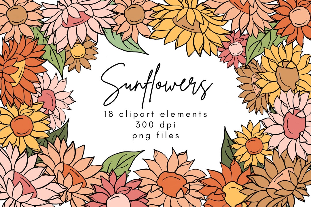 Sunflower Clipart, Summer Clipart, Boho Sunflower Clipart, Retro Flower ...