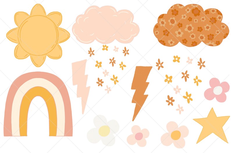 Boho Rainbow Clipart, Retro Clipart Bundle, Spring Clipart, Daisy ...
