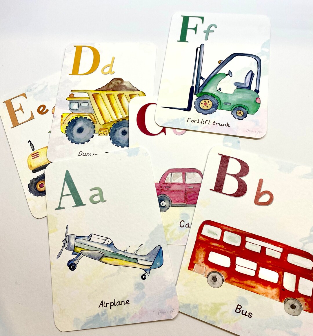 A-Z Vehicle Alphabet Flash Cards Set for Educational Play and Nursery ...