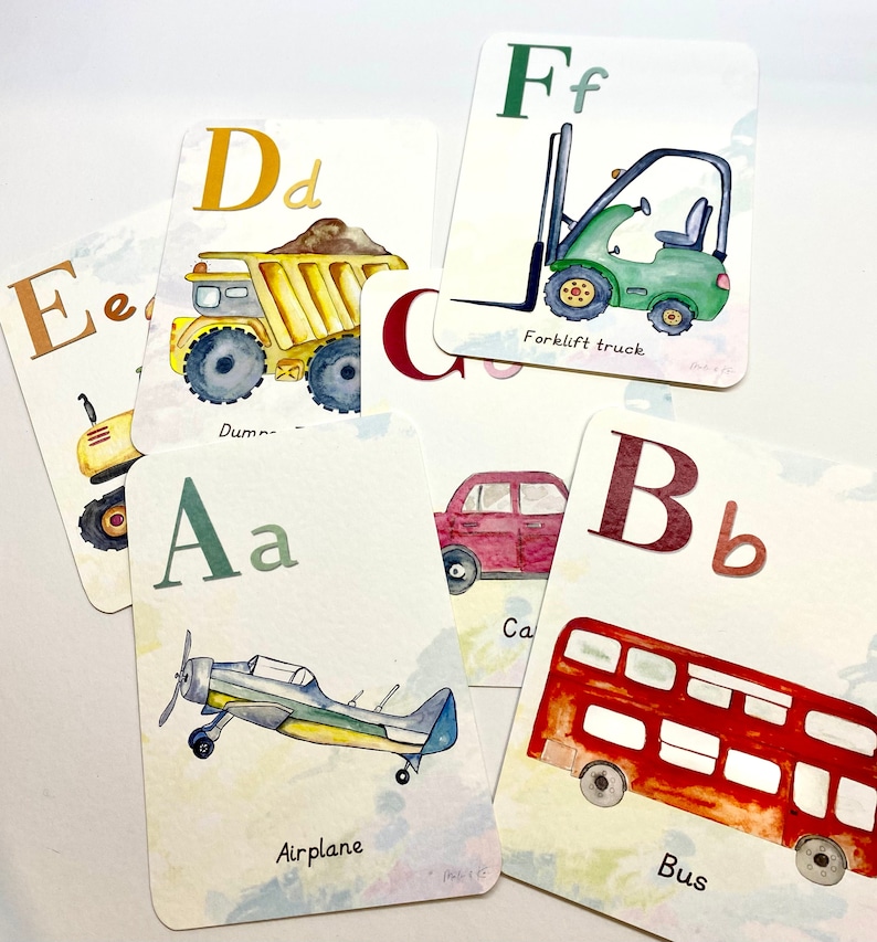 Vehicle Alphabet Flash Cards: Watercolor Nursery Art, Educational Play ...