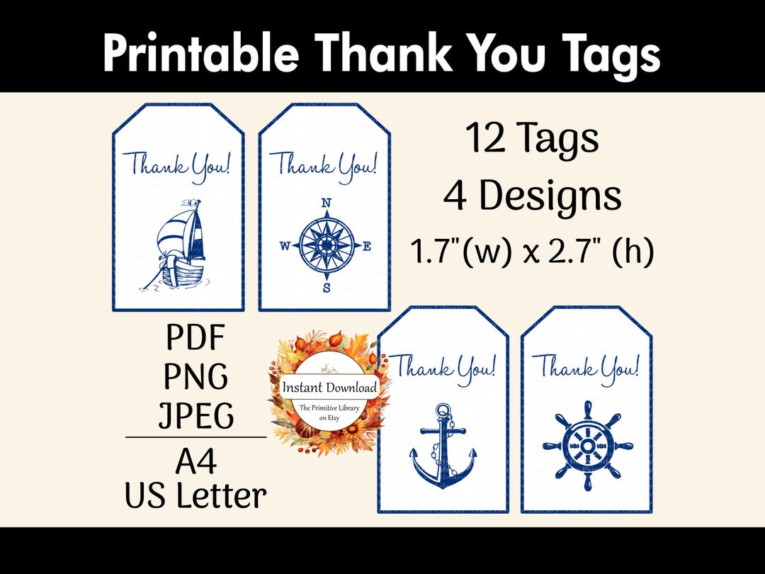 Nautical Thank You Tags Printable, Beach Wedding Party, Baby Shower ...