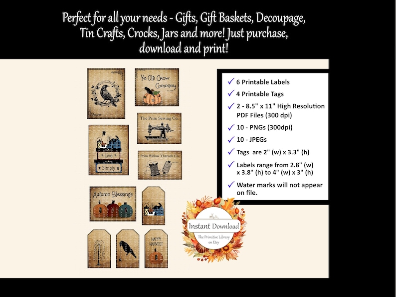 Printable Primitive Labels, American Folk Art, Primitive Crow, Pumpkins ...
