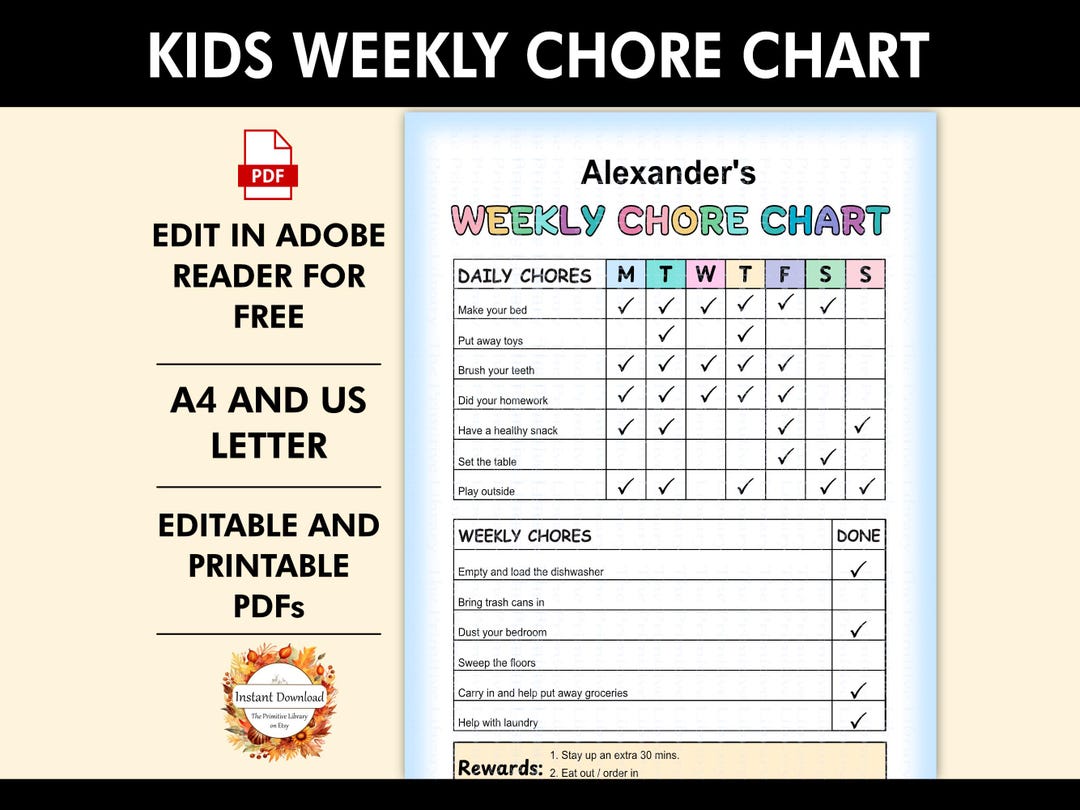 Editable Kids Weekly Chore Chart, Daily Routine Chart Printable - Etsy
