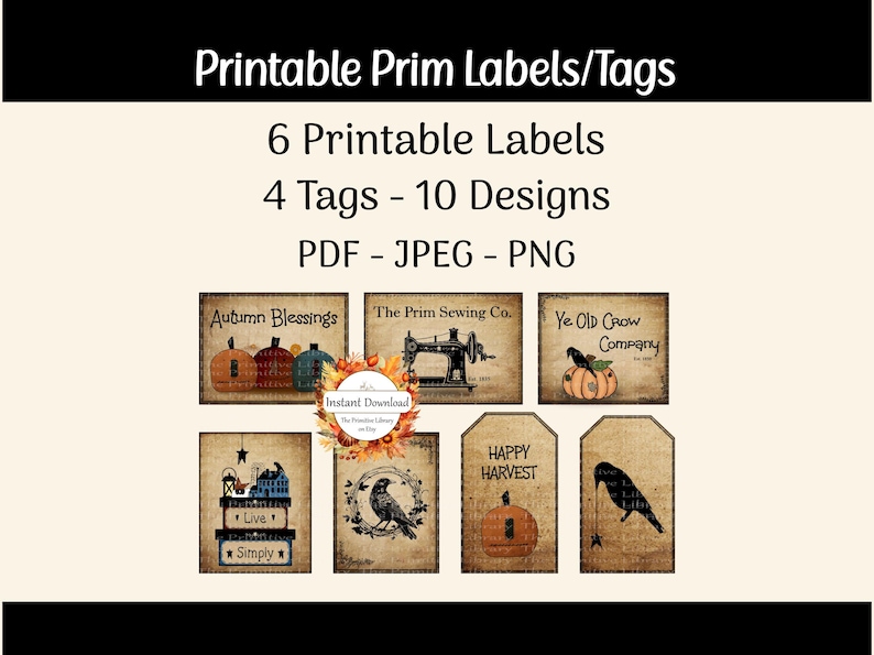 Printable Primitive Labels, American Folk Art, Primitive Crow, Pumpkins ...