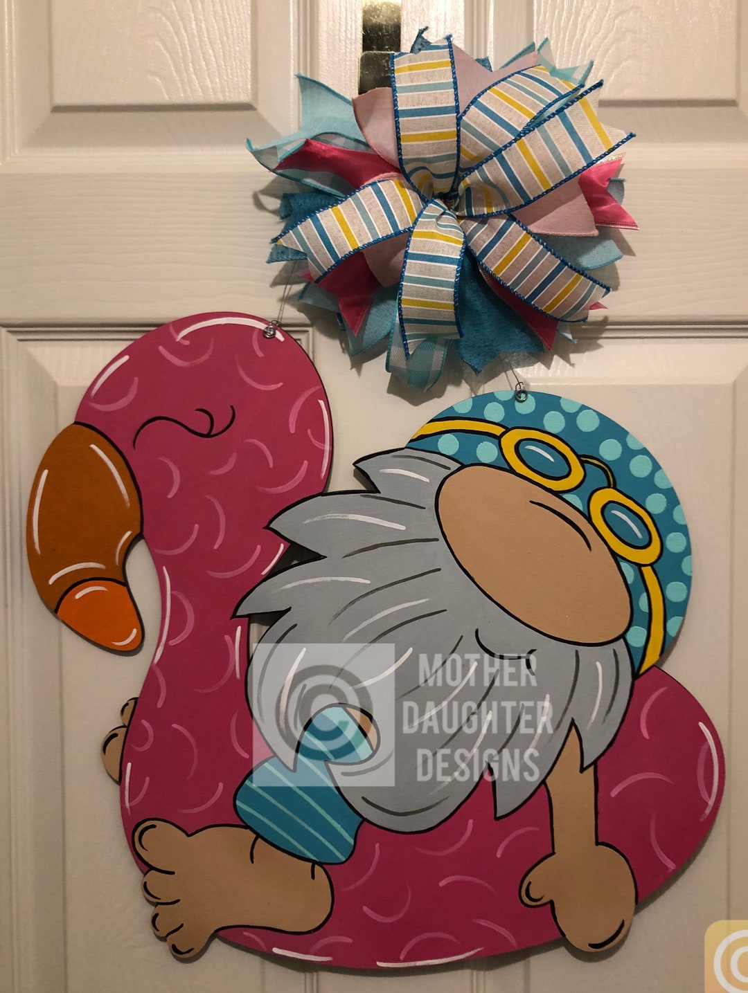 Flamingo Pool Float Gnome Hand Painted Wooden Door Hanger - Etsy