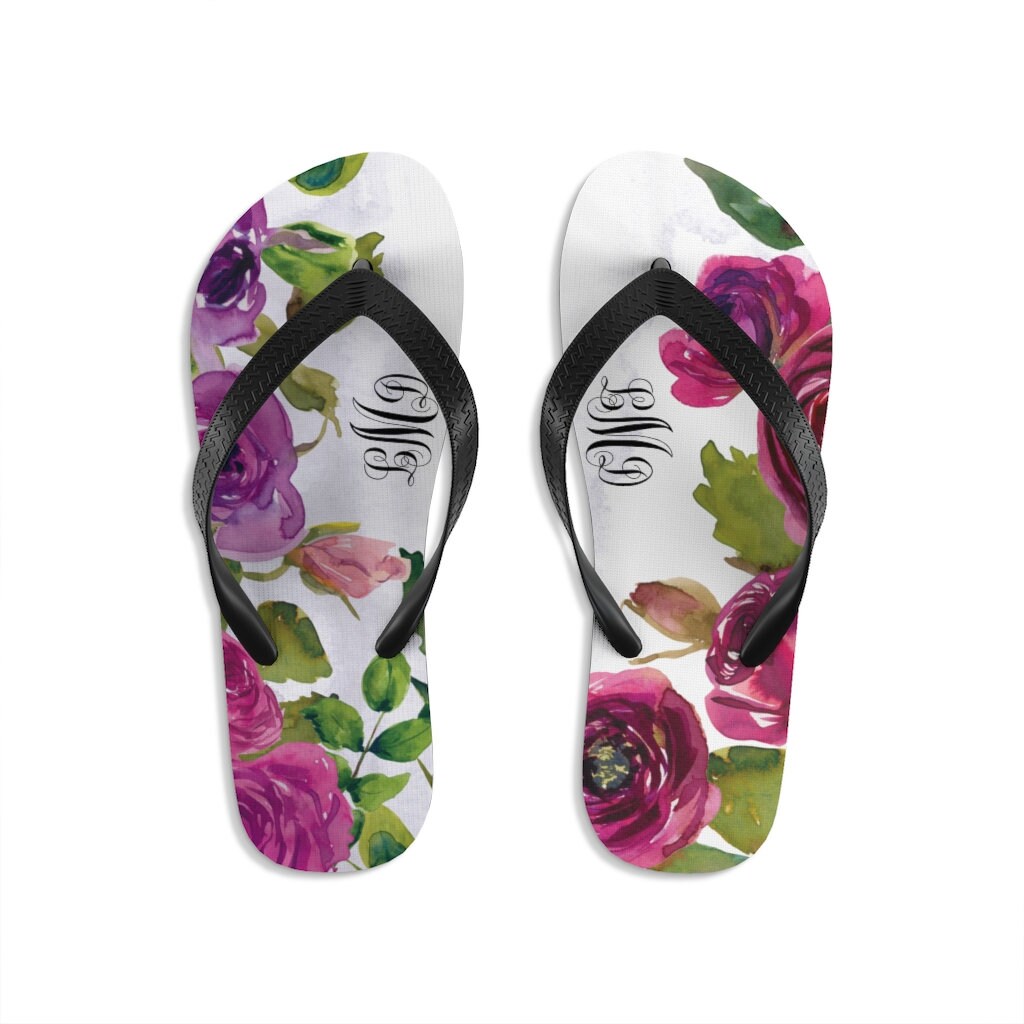 Monogrammed Flip Flops Floral Rose Sandals Purple Pink Red - Etsy