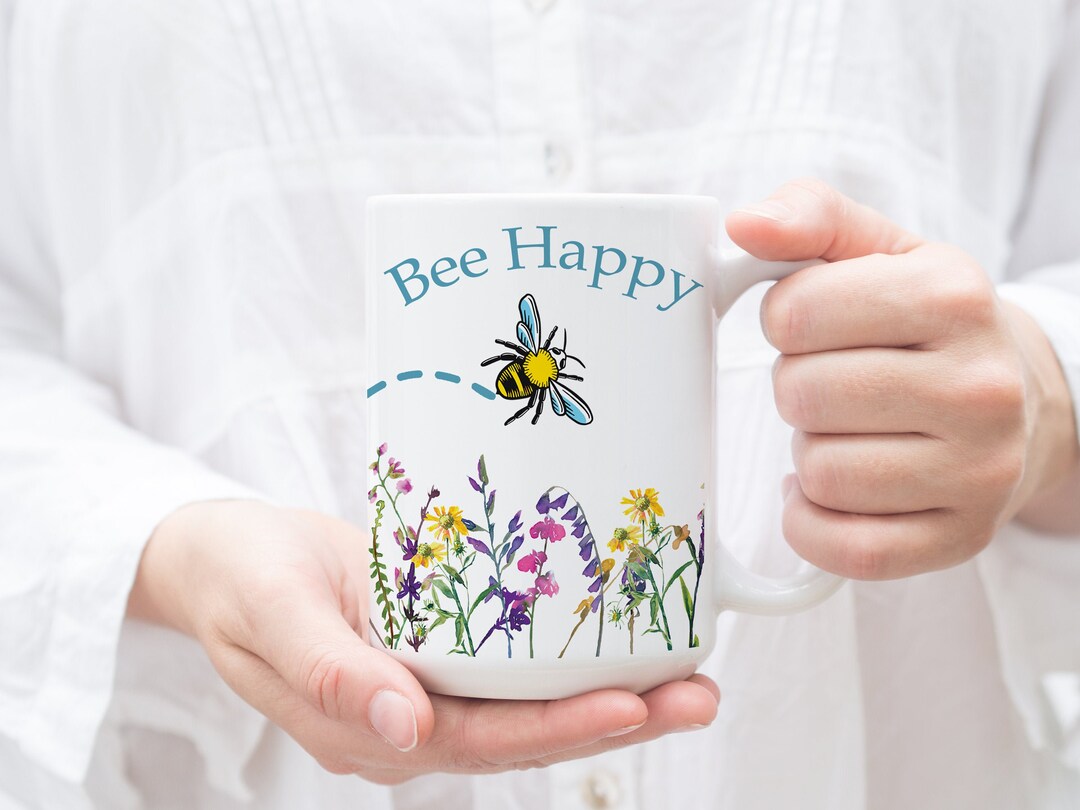 Bee Happy Floral Mug, Honeybees Coffee Cup, Bee Gifts, Gift Ideas for ...