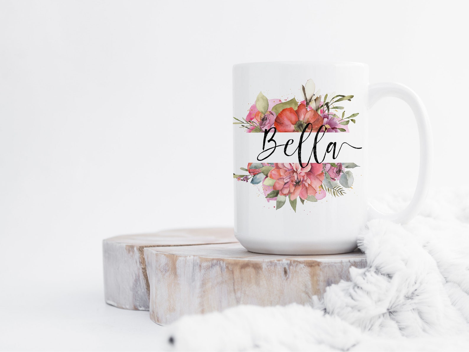 Personalized Floral Mug, Custom Name Mug, Pink Red Flowers, Monogrammed ...