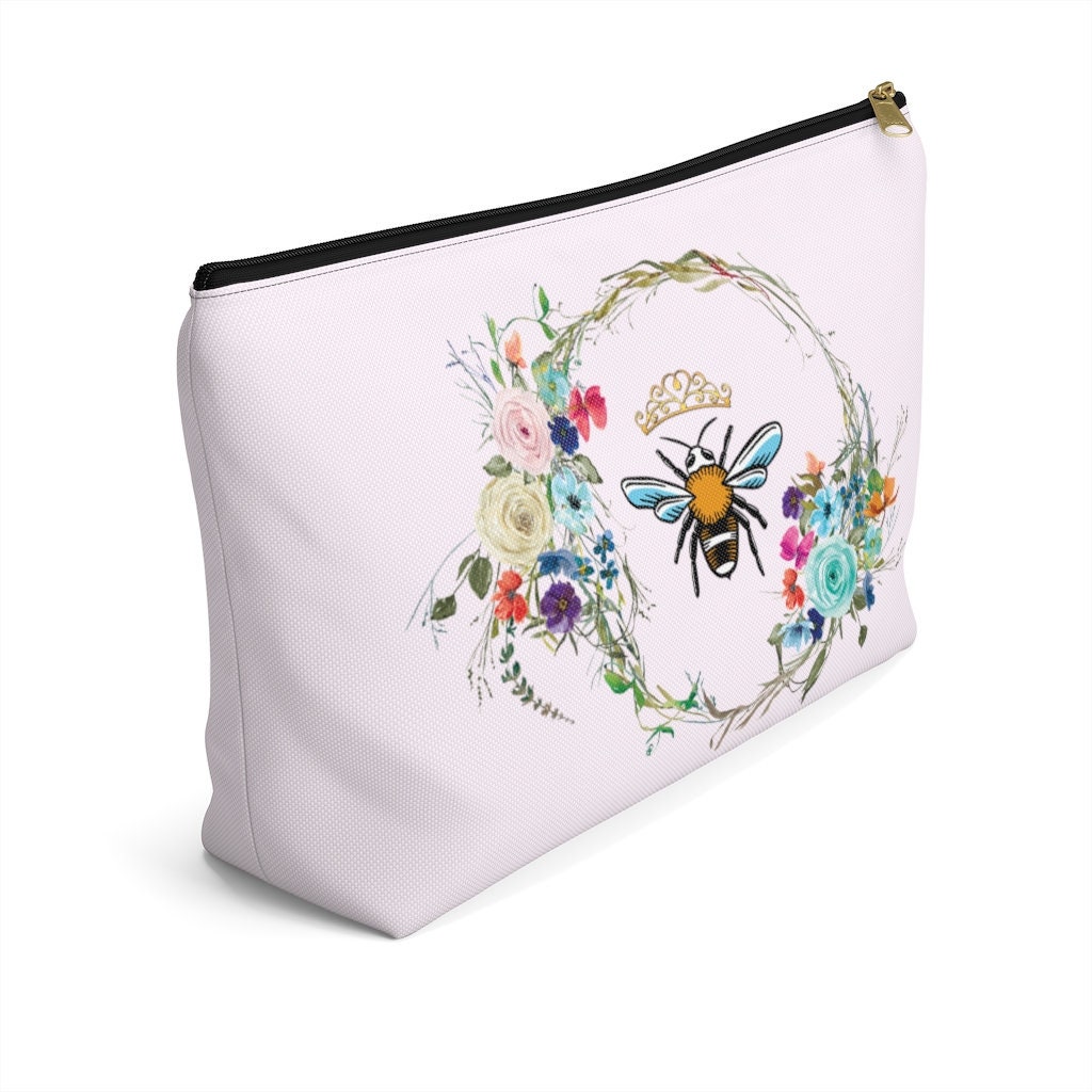 Monogrammed Queen Bee Pink Makeup Bag, Personalized Floral Cosmetic Bag ...