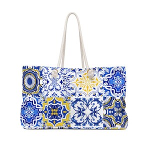 Portuguese Azulejos Weekender Bag, Mediterranean Blue Tile Travel Tote ...