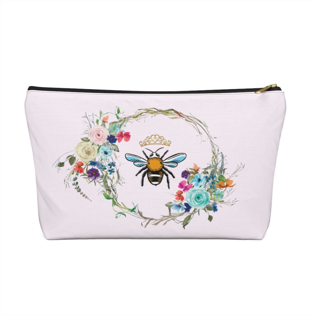 Monogrammed Queen Bee Pink Makeup Bag, Personalized Floral Cosmetic Bag ...