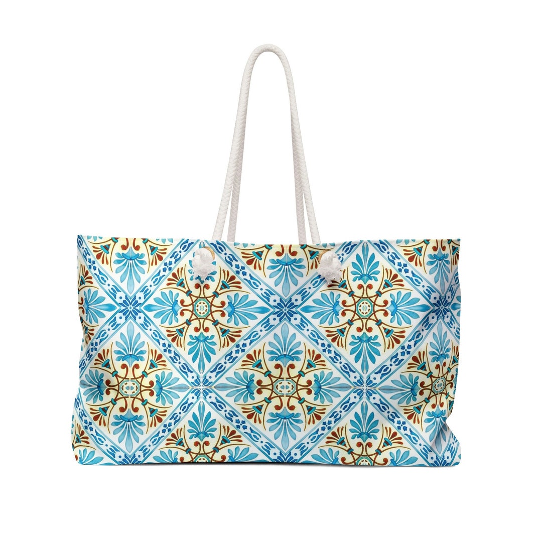 Blue Tile Travel Bag, Mediterranean Vacation Tote, Beach Tote ...