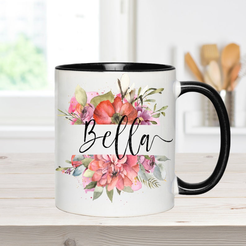 Personalized Floral Mug, Custom Name Mug, Pink Red Flowers, Monogrammed ...