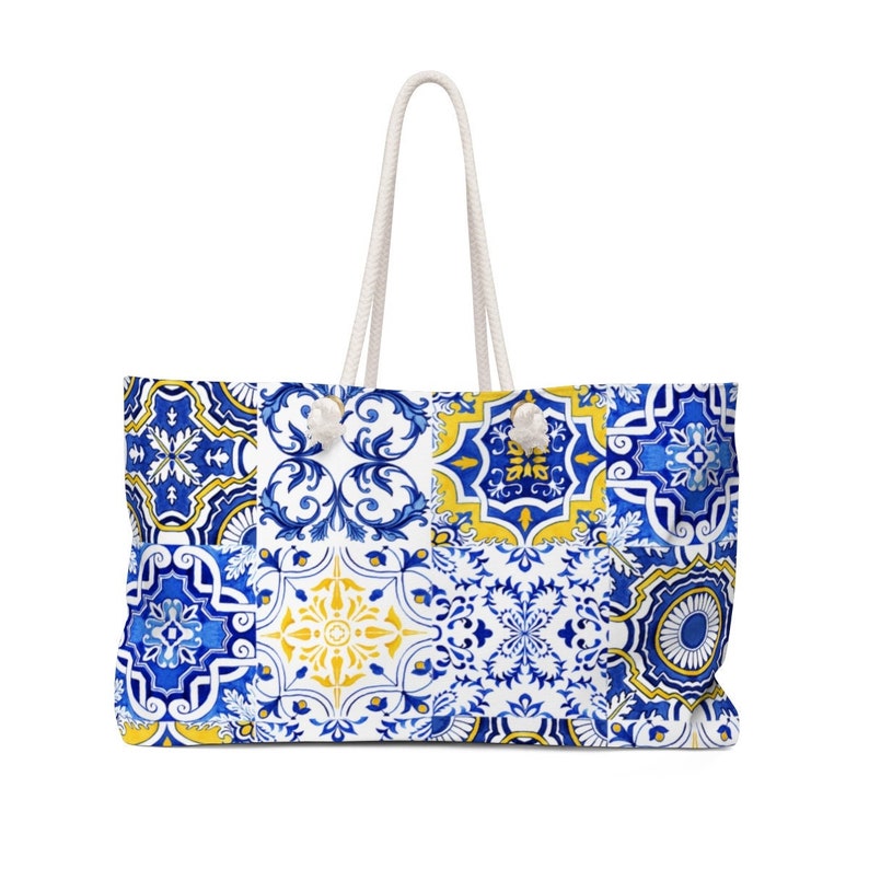 Portuguese Azulejos Weekender Bag, Mediterranean Blue Tile Travel Tote ...