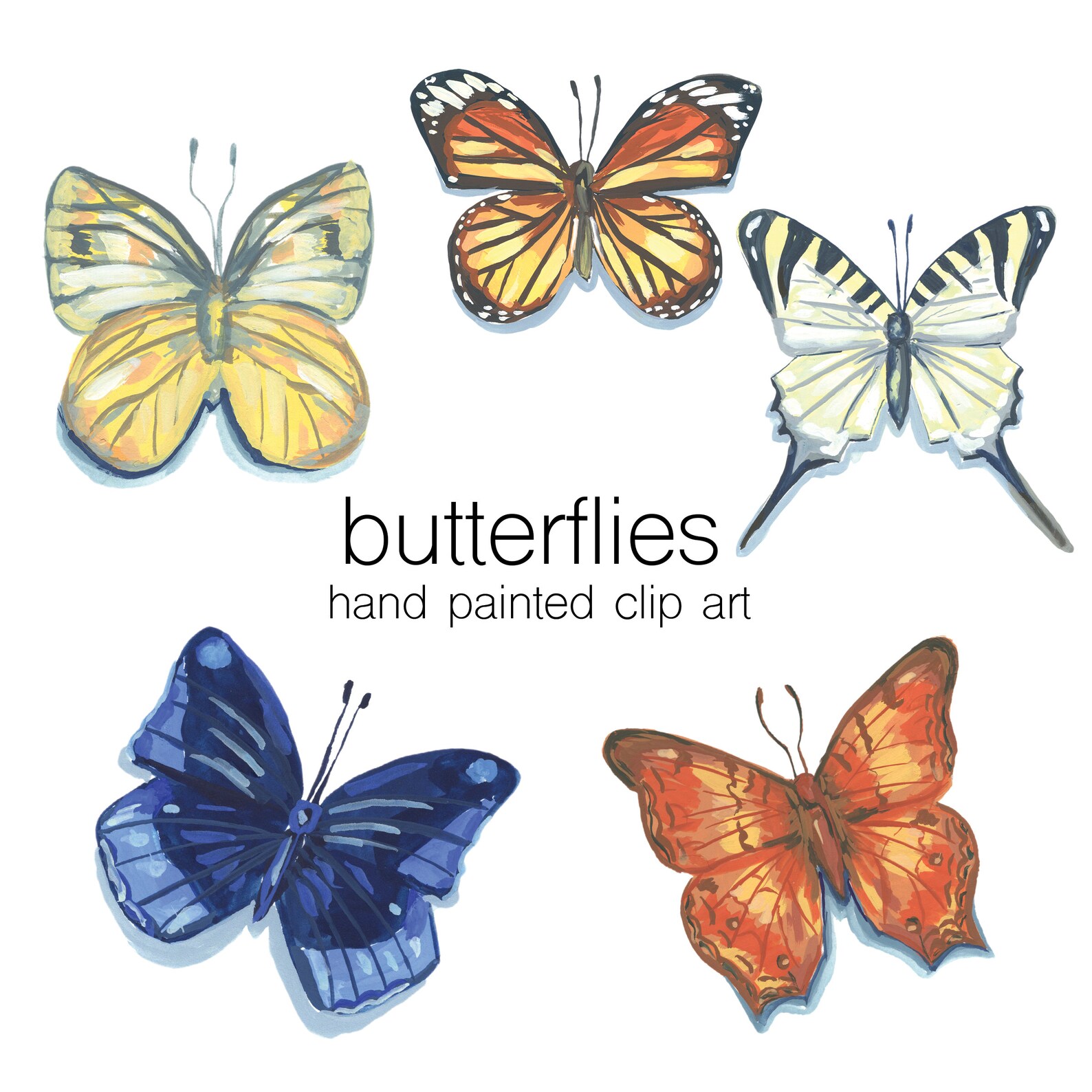 Hand Painted Butterfly Clip Art - Digital Download PNG - 5 Unique ...