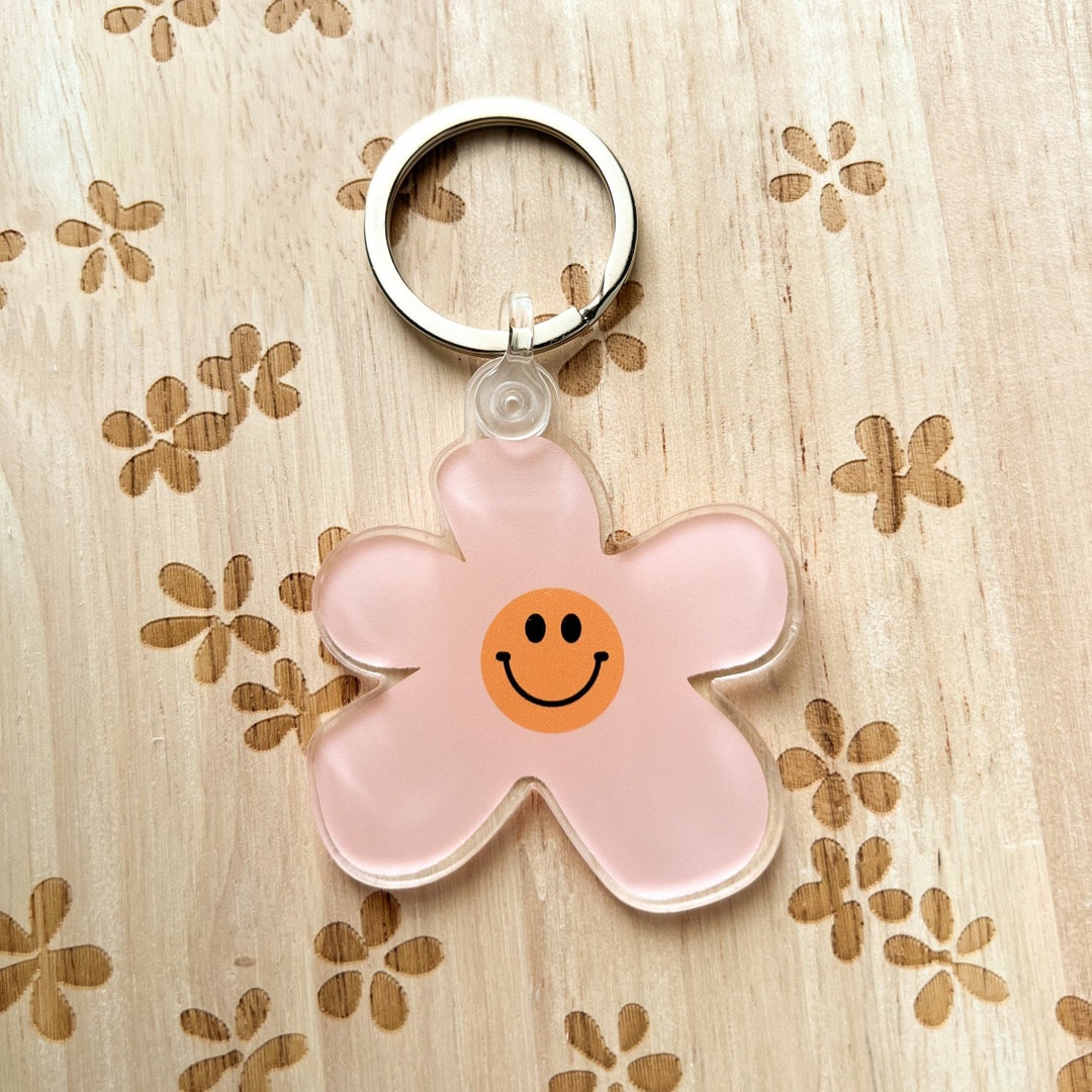 Pink Daisy Smiley Face Keychain | Happy Face Keychain - Etsy