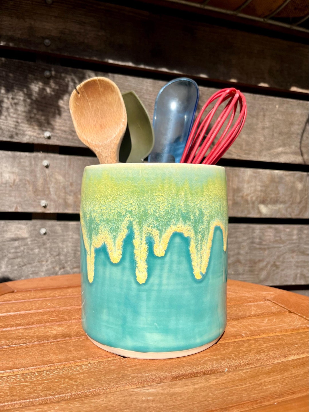 Ceramic Turquoise and Yellow Utensil Holder - Etsy