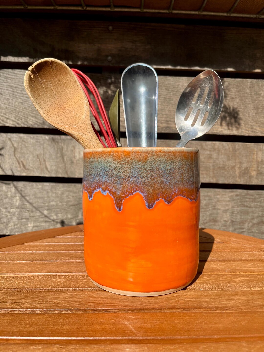 Ceramic Orange and Blue Utensil Holder - Etsy