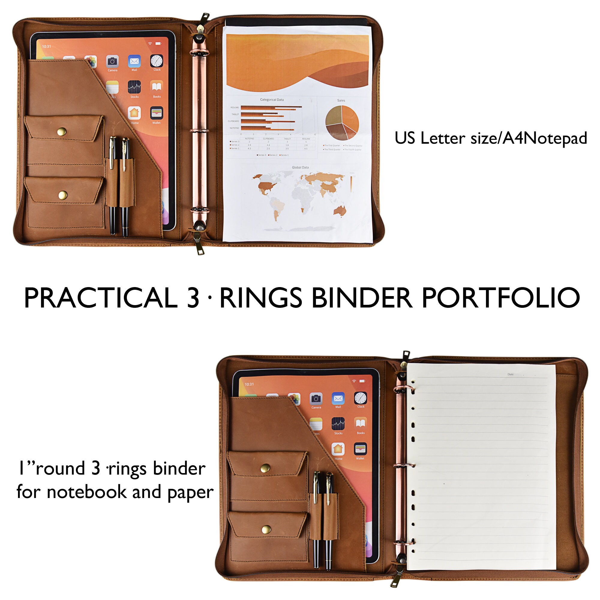 Leather 3 Ring Binder With A4/US Letter Size Notepad Holder - Etsy Canada
