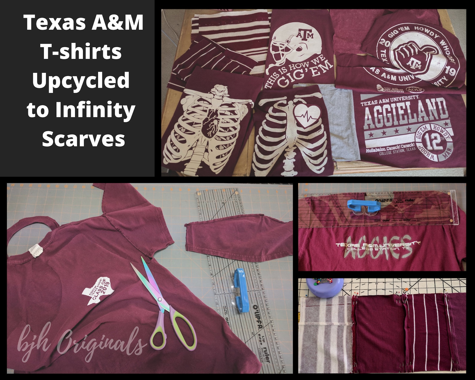 Texas A&M University Upcycled T-shirts Infinity Scarf in Pink, Teal ...