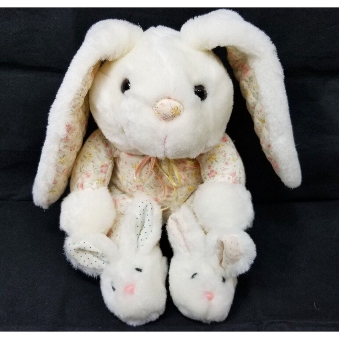 Vintage Commonwealth Plush Bunny Rabbit in Slippers Easter Floral Stuffed Animal Wearing House ...