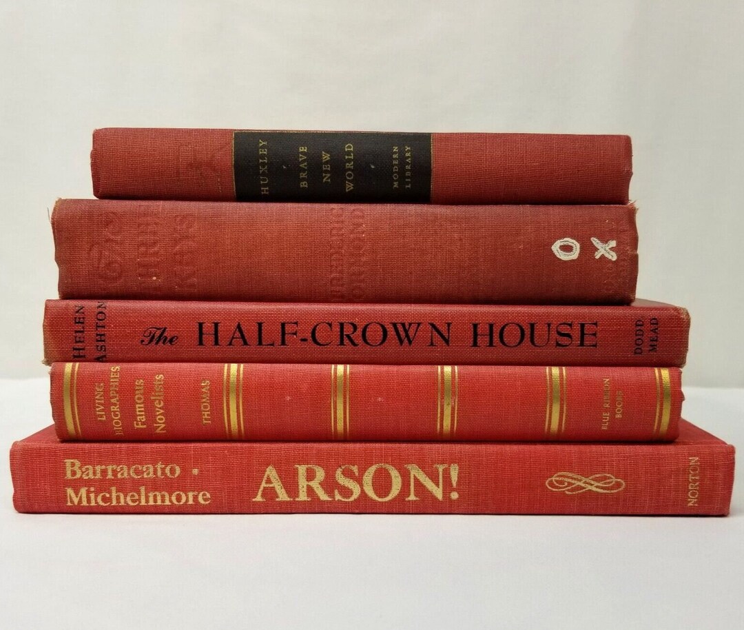 Vintage Red Book Stack Lot of 5 Decorative Worn Staging Instant Library ...