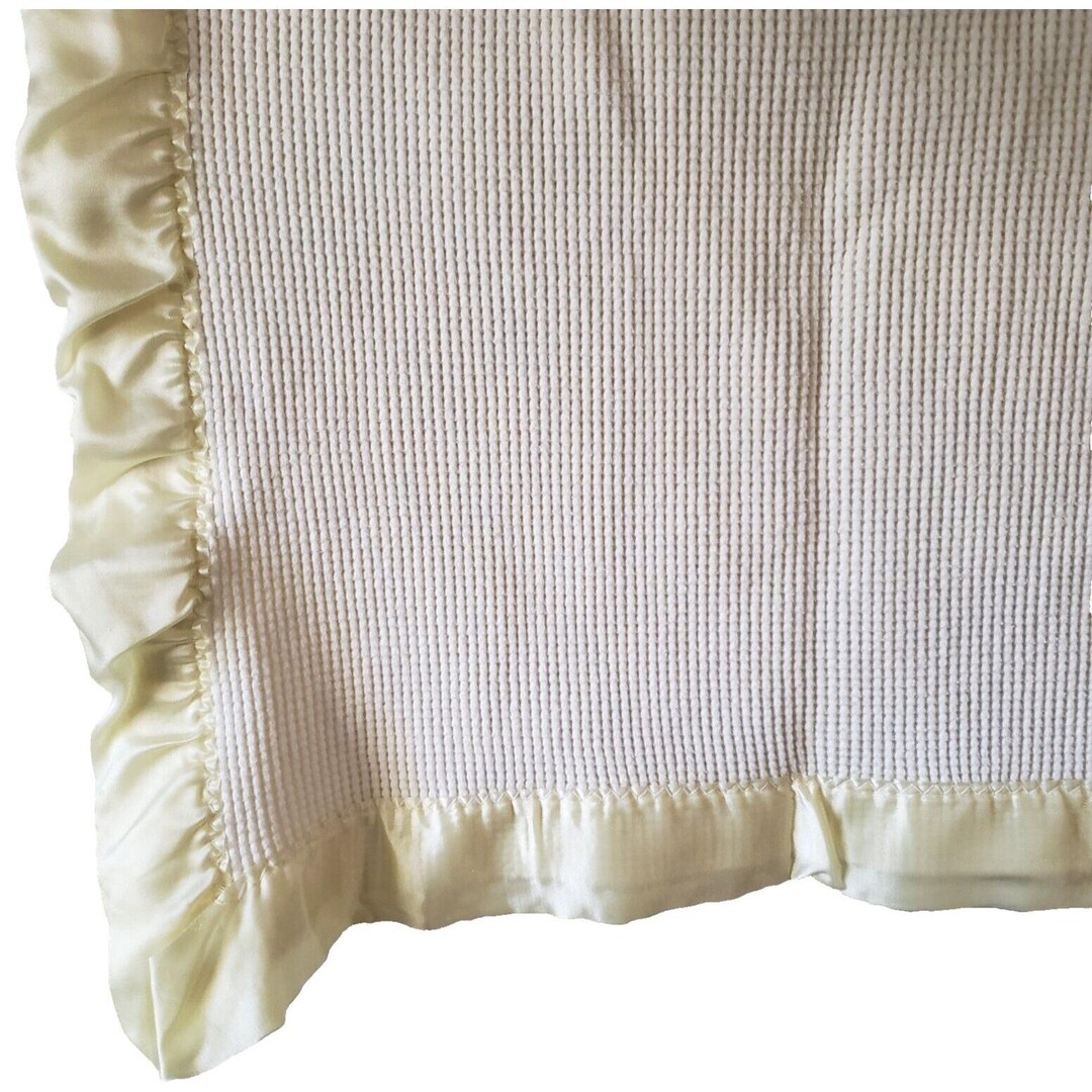 Vintage Waffle Weave Baby Blanket Yellow Satin Trim Thermal Security ...
