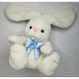 Commonwealth Plush White Bunny Rabbit Blue Satin Bow 11" Vintage Cute Easter Bunny Stuffed ...