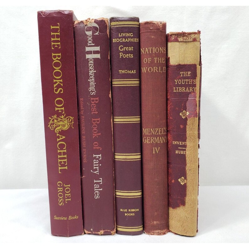 Vintage Dark Red Book Stack Lot of 5 Maroon Decorative Old Worn Staging ...