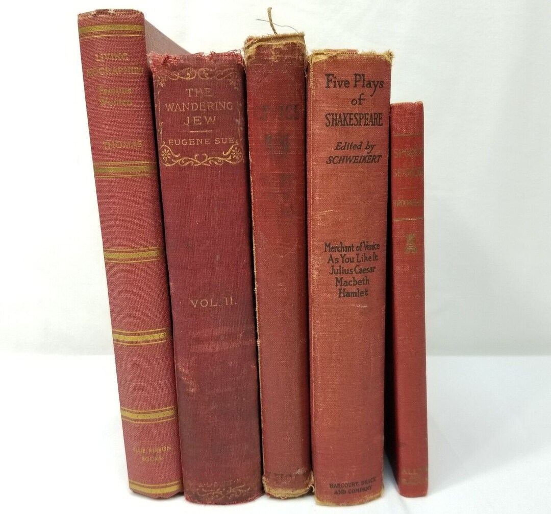 Vintage Red Book Stack Lot of 5 Decorative Worn Staging Instant Library ...