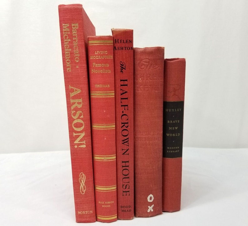 Vintage Red Book Stack Lot of 5 Decorative Worn Staging Instant Library ...