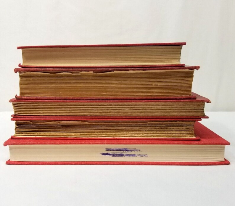 Vintage Red Book Stack Lot of 5 Decorative Worn Staging Instant Library ...