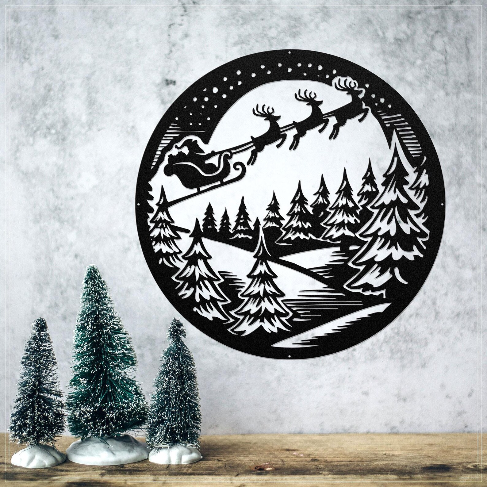 Santa's Sleigh Winter Scene Metal Wall Sign, Christmas Snowy Tree Decor ...