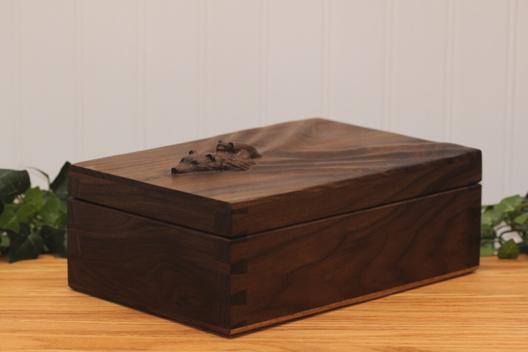 Dovetail Keepsake Box, Black Walnut Wood Box, Memory Box, Carved Bear ...
