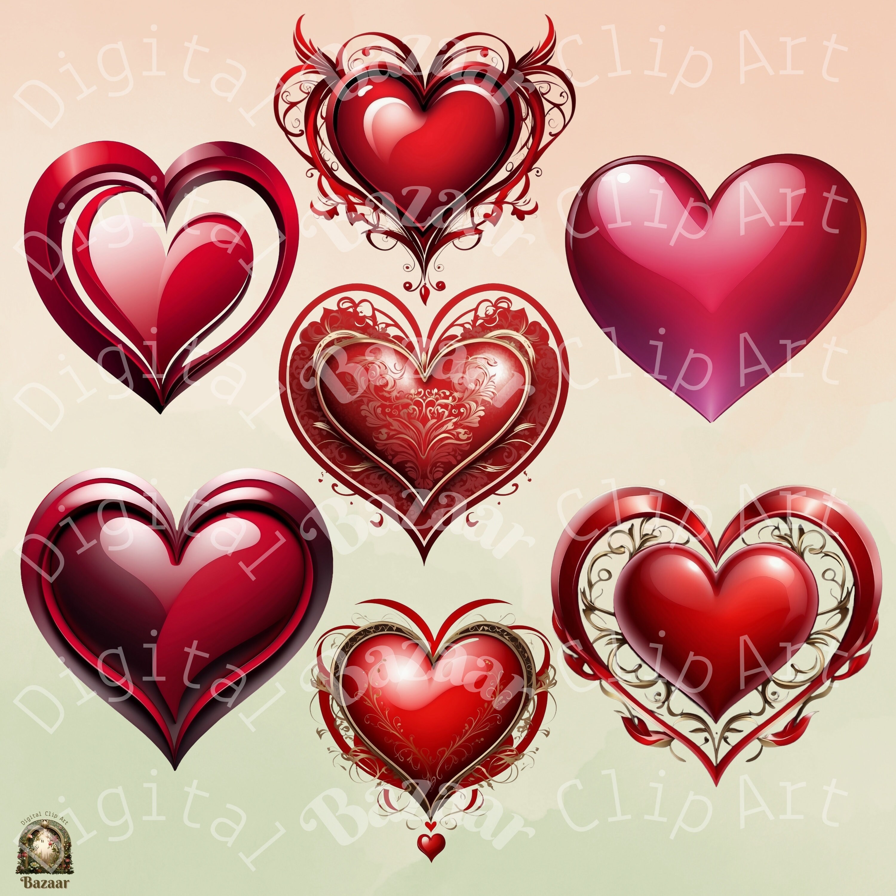 Red Hearts Valentines Clipart Bundle, for Valentine's Day. 3D PNG Red ...