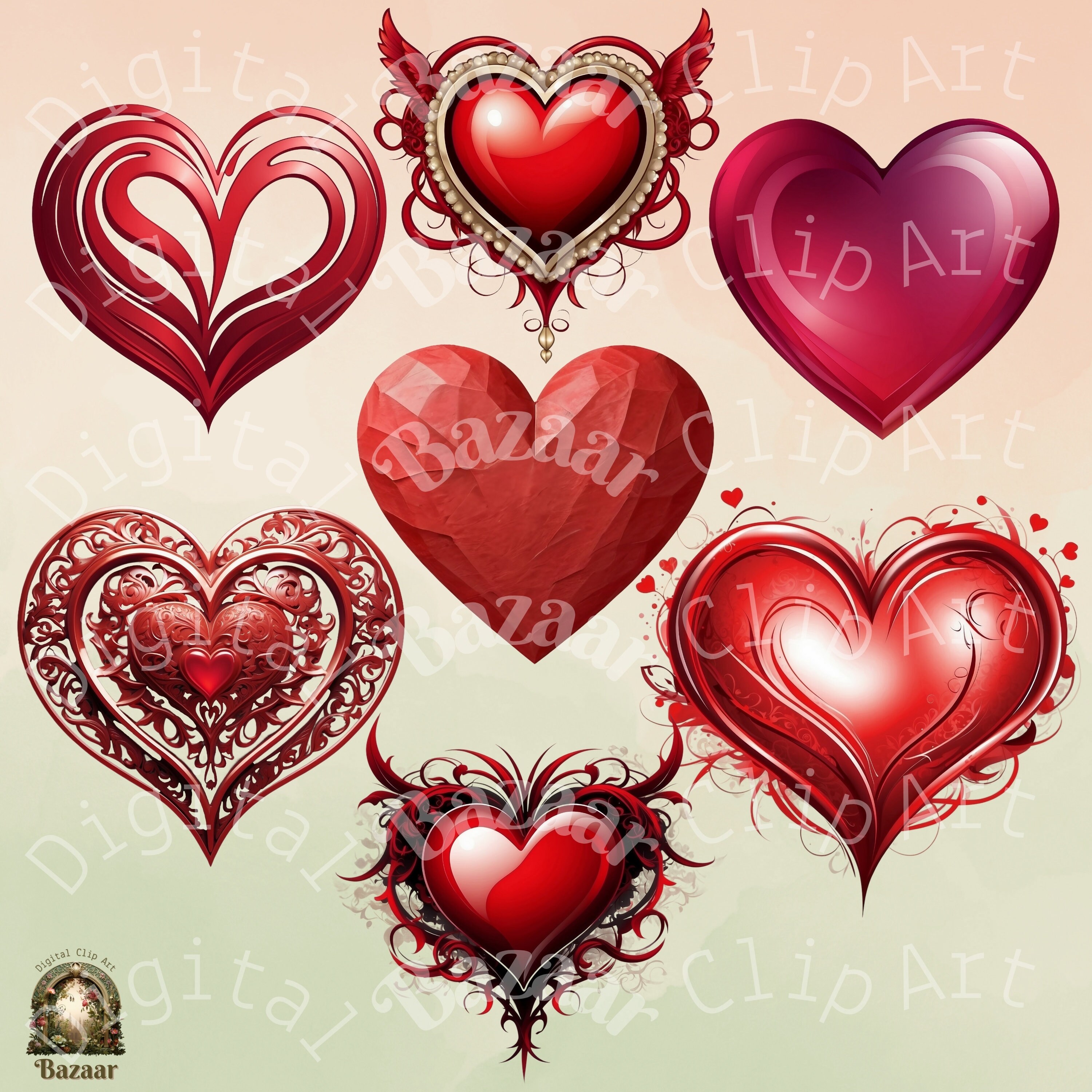 Red Hearts Valentines Clipart Bundle, for Valentine's Day. 3D PNG Red ...