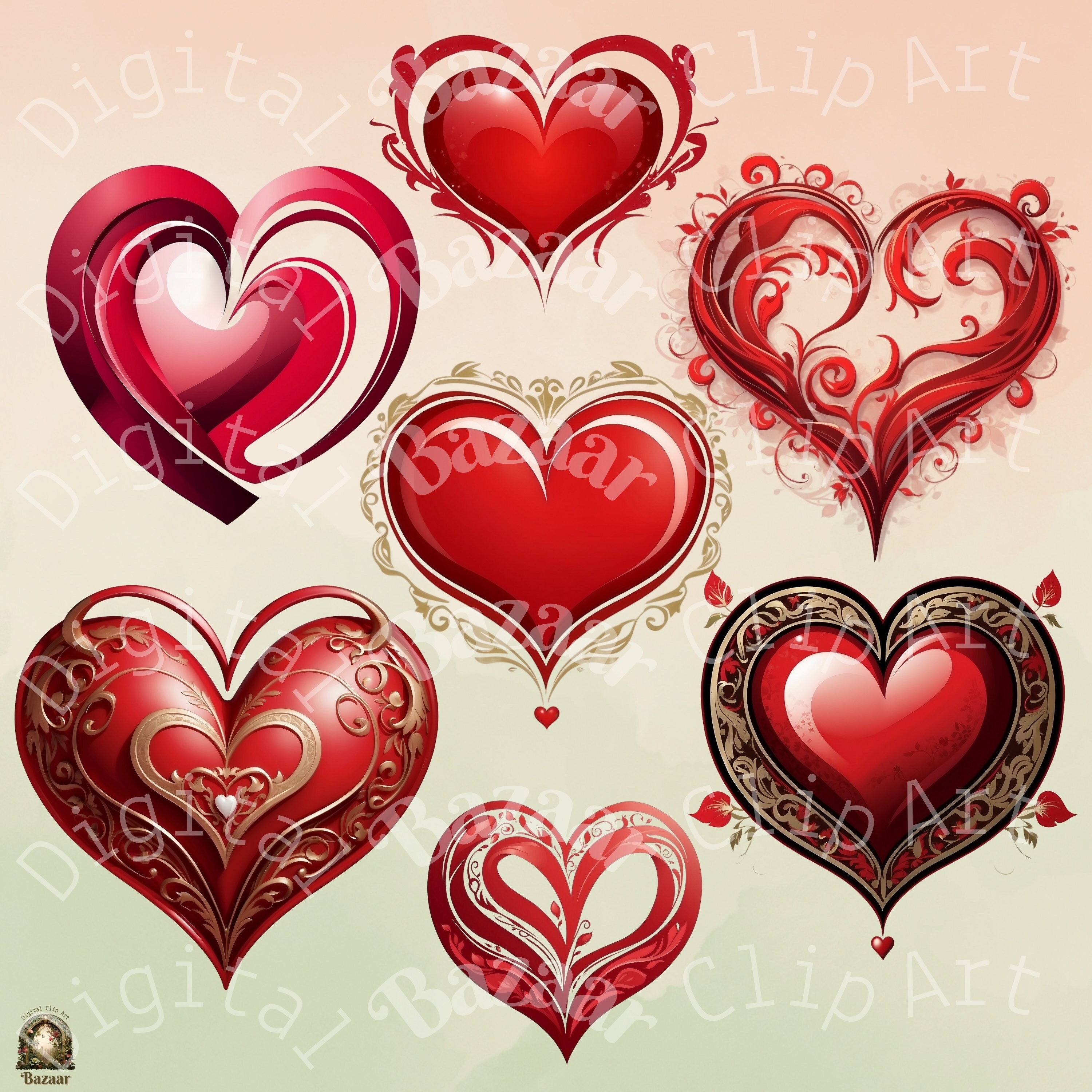 Red Hearts Valentines Clipart Bundle, for Valentine's Day. 3D PNG Red ...