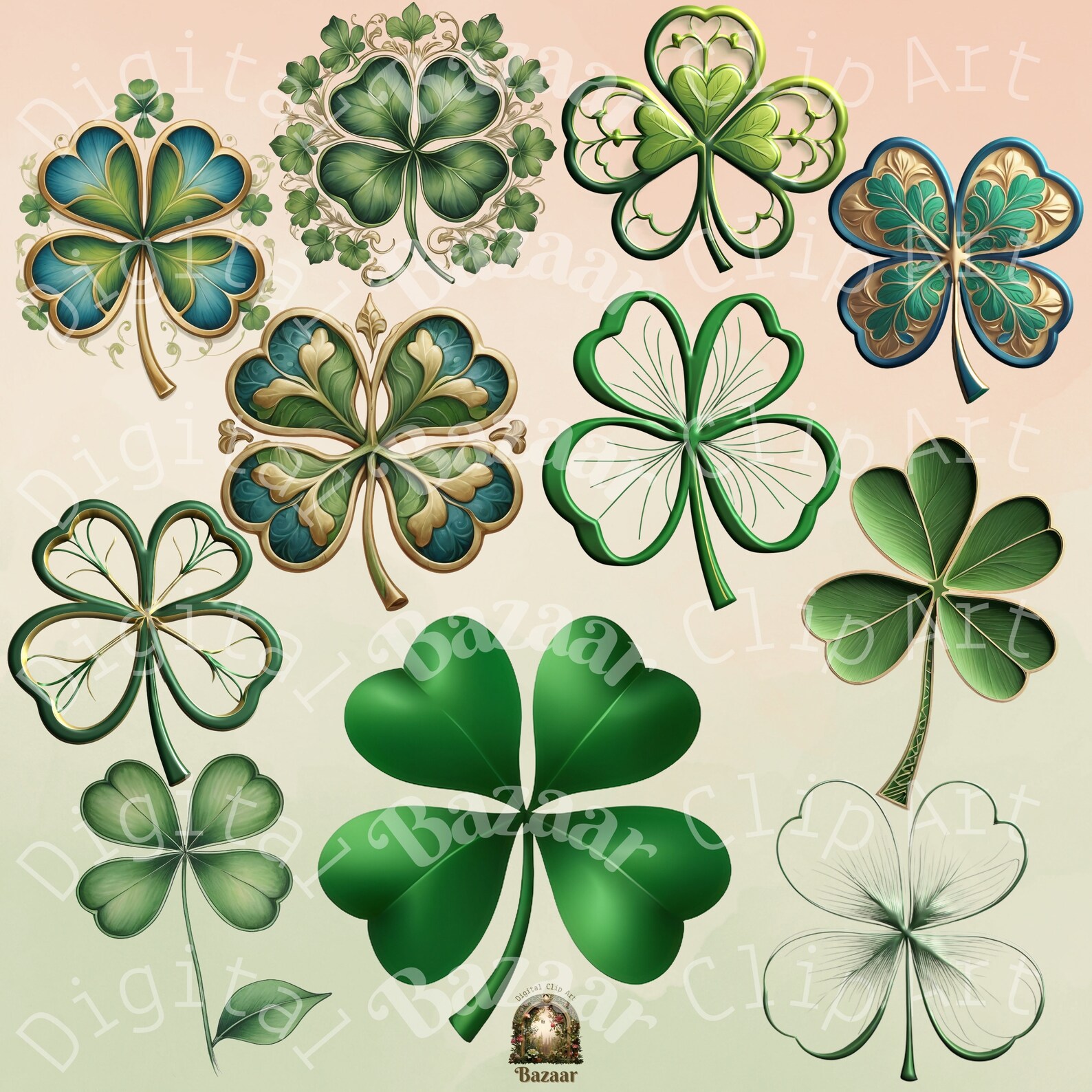 Lucky Irish Shamrock Clipart Bundle, Four Leaf Clover Transparent PNGS ...