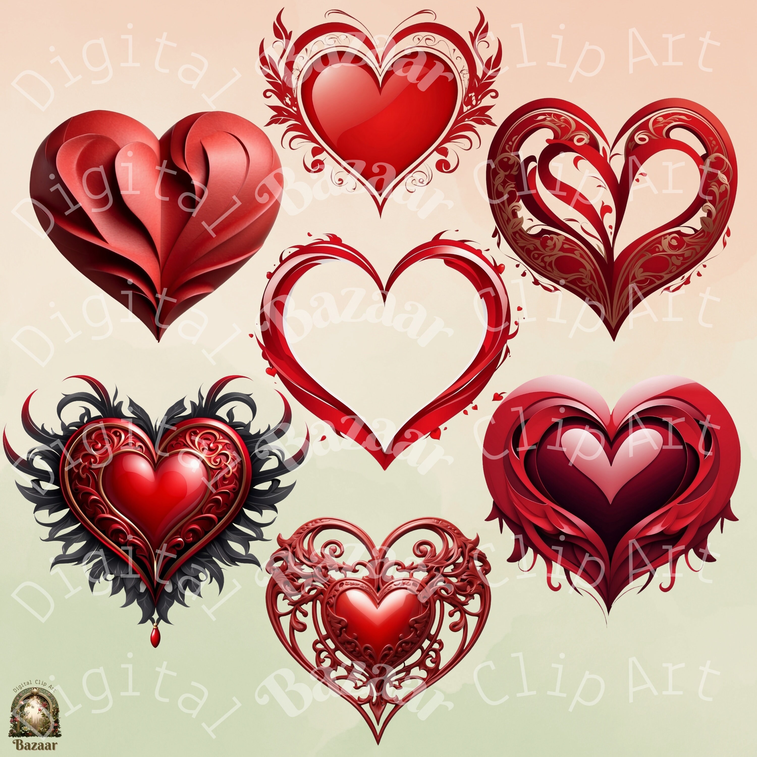 Red Hearts Valentines Clipart Bundle, for Valentine's Day. 3D PNG Red ...