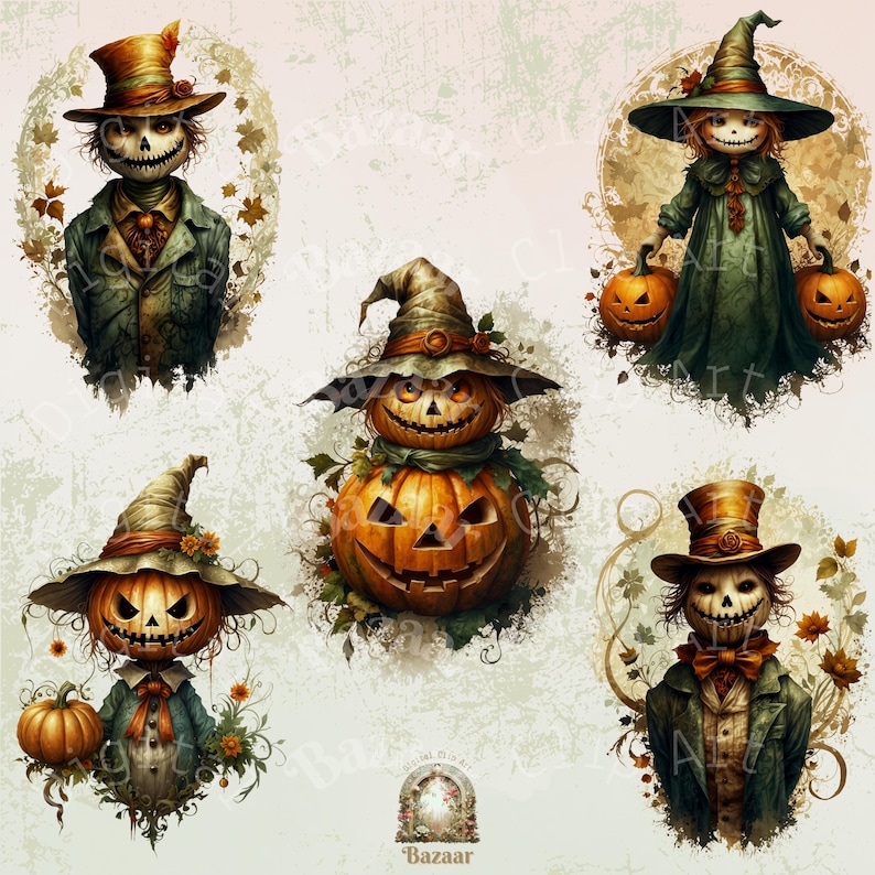 Pumpkin Scarecrow Halloween Clipart Bundle 10 Spooky Creepy Figures ...