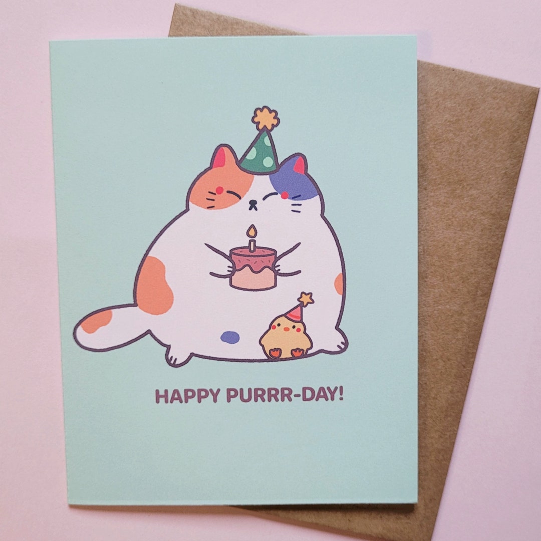 Happy Birthday Cat Card Happy Purrr-day Punny Kawaii Funny Greeting ...